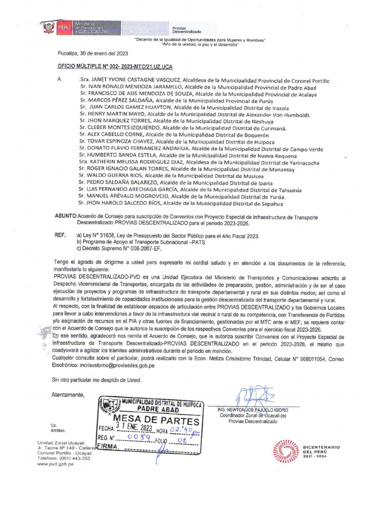 Oficio Multiple #002-2023-MTC-huipoca | PDF