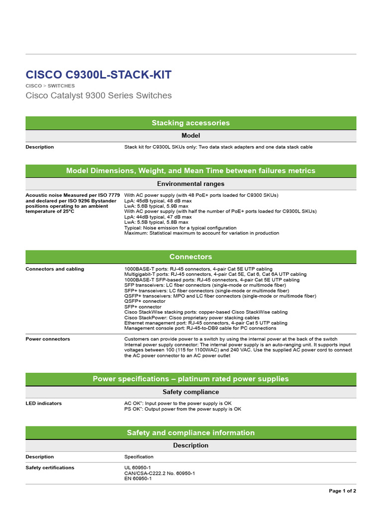 CISCO C9300L-STACK-KIT Datasheet | PDF | Power Supply ...