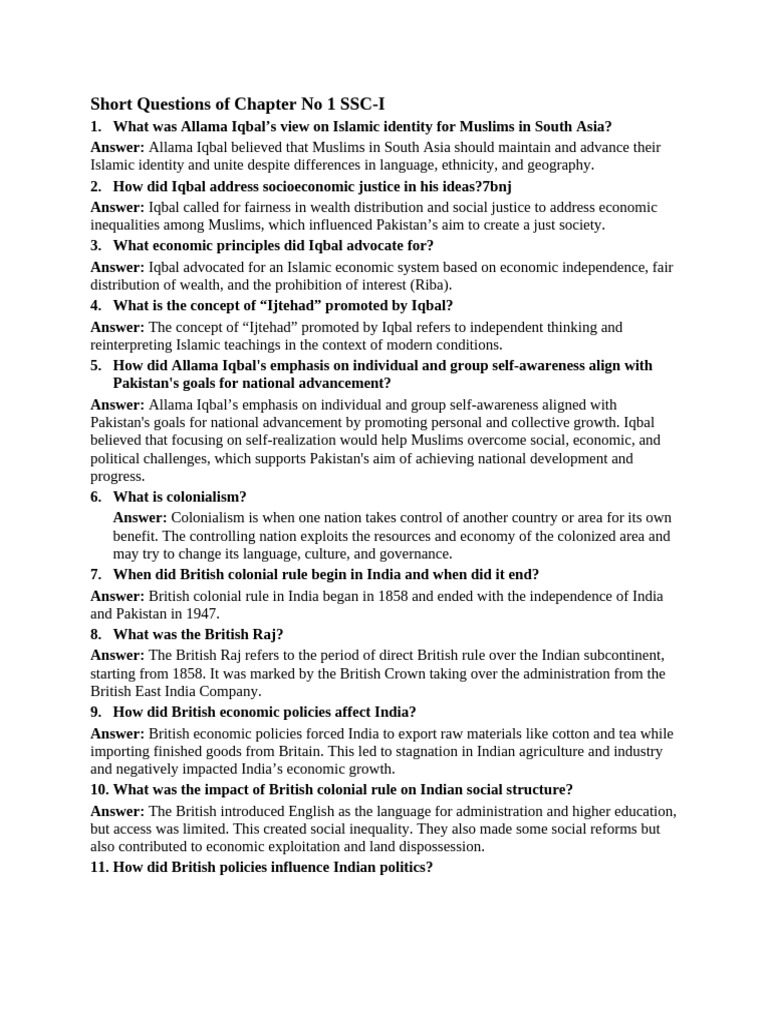 9th Class SLO Short Questions Chapter No 1 | PDF | British Raj