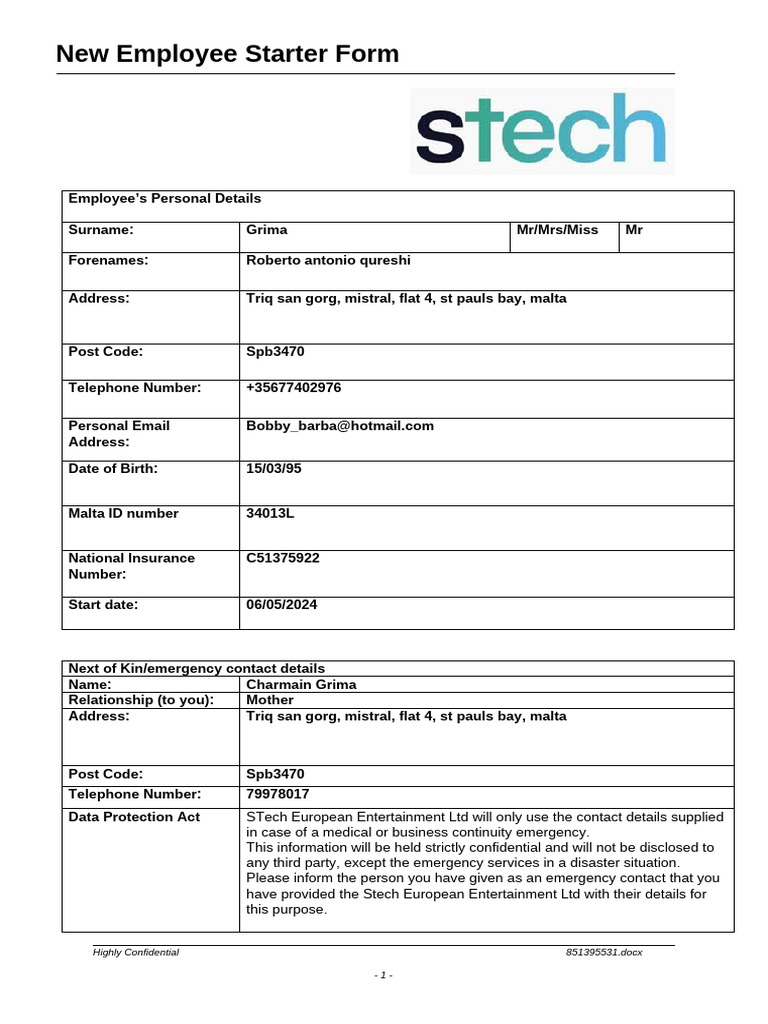 Personal Details Form Malta GDPR STech Roberto Grima Copy | PDF | Labor