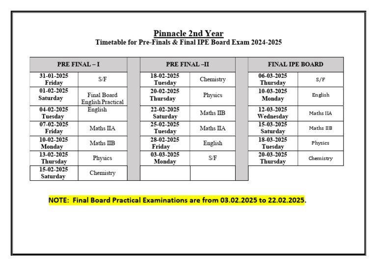 Pinnacle 2ND YEAR Prefinals Schedule 2024-25 | PDF