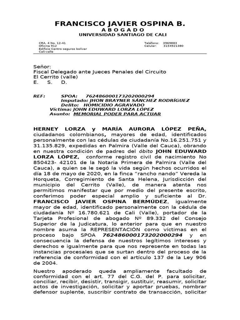 PODER REPRESENTANTE DE VICTIMAS HERNEY LORZA y MARÍA AURORA LÓPEZ PEÑA | PDF | Ley Pública ...