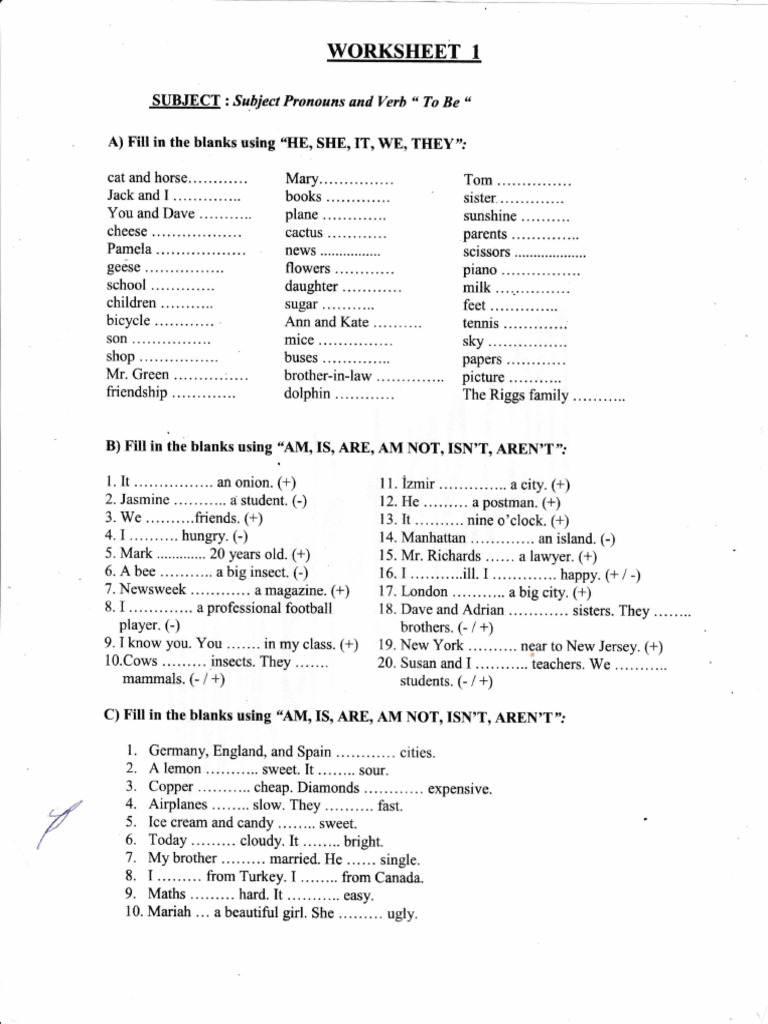 Subject Pronouns and Verb "To Be" Exercises | PDF