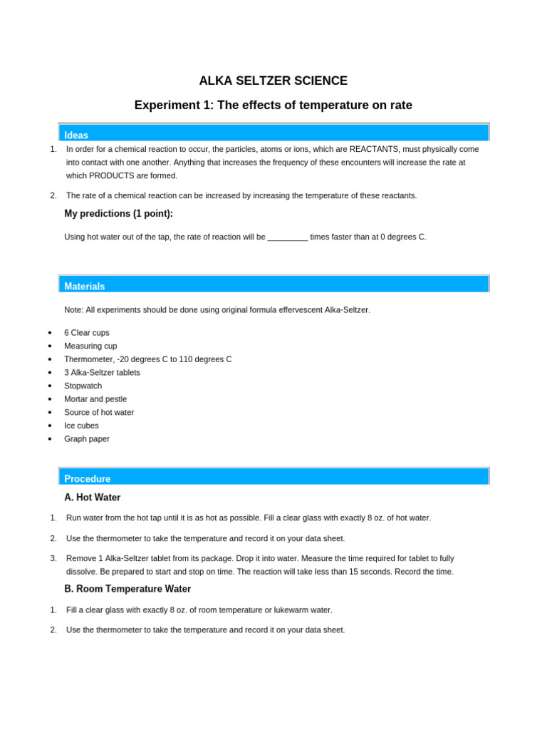 Alka-Seltzer Reaction Rate Experiment | PDF | Temperature | Water