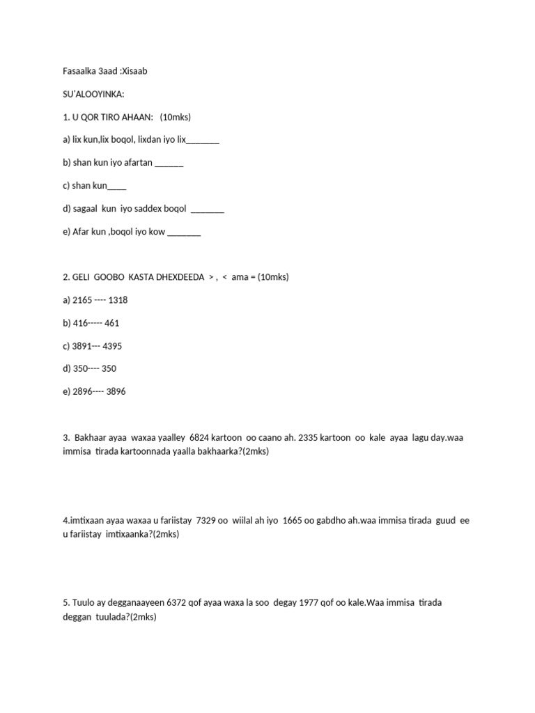 Fasaalka 3aad Xisaab Exam | PDF