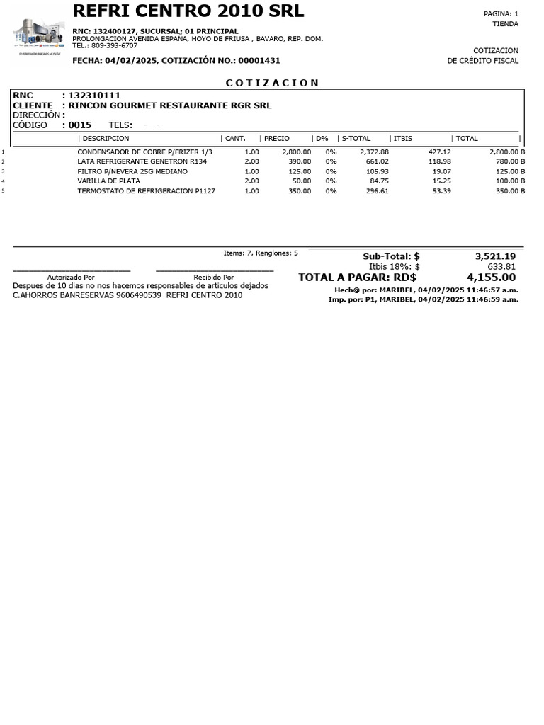 Cotización de Equipos de Refrigeración | PDF