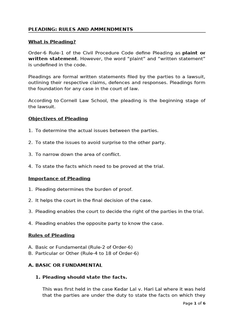 U.1 Pleading & Amendments in Pleading More Details | PDF | Pleading ...