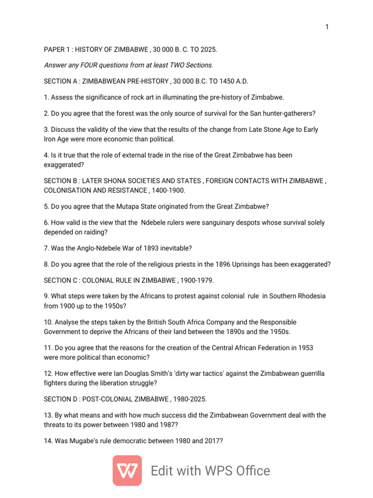 History of Zimbabwe: Exam Paper 2025 | PDF