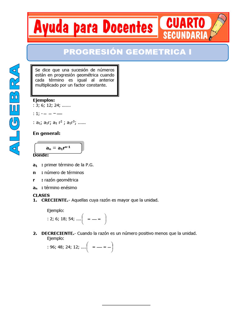 Progresion Geometrica I para Cuarto de Secundaria | PDF | Matemáticas