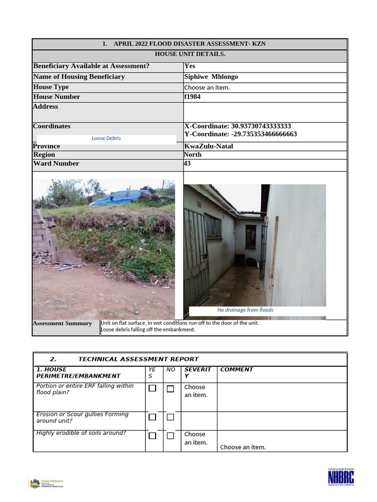 Technical Assessment Form (KZN Floods) - 43 - OID887 | PDF | Erosion | Roof