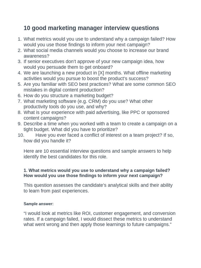 10 Good Marketing Manager Interview Questions | PDF | Marketing ...
