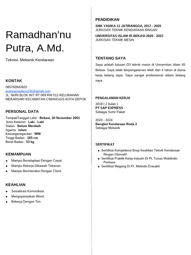 CV ATS Ramadhan'nu Putra, A.Md. | PDF