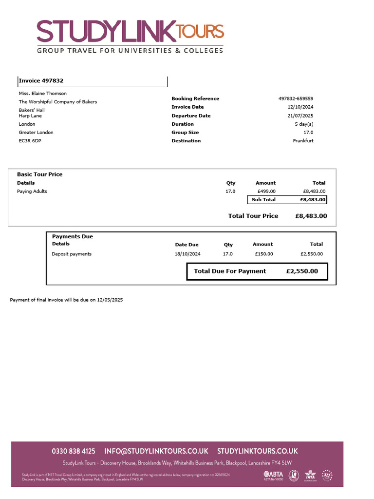 Tour 497832 Invoice | PDF | Payments | Cheque