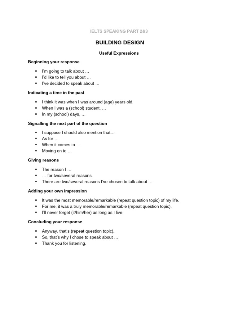 Unit 10 - Lesson 2 - IELTS SPEAKING PART 2 - 3 - Handout - Building ...