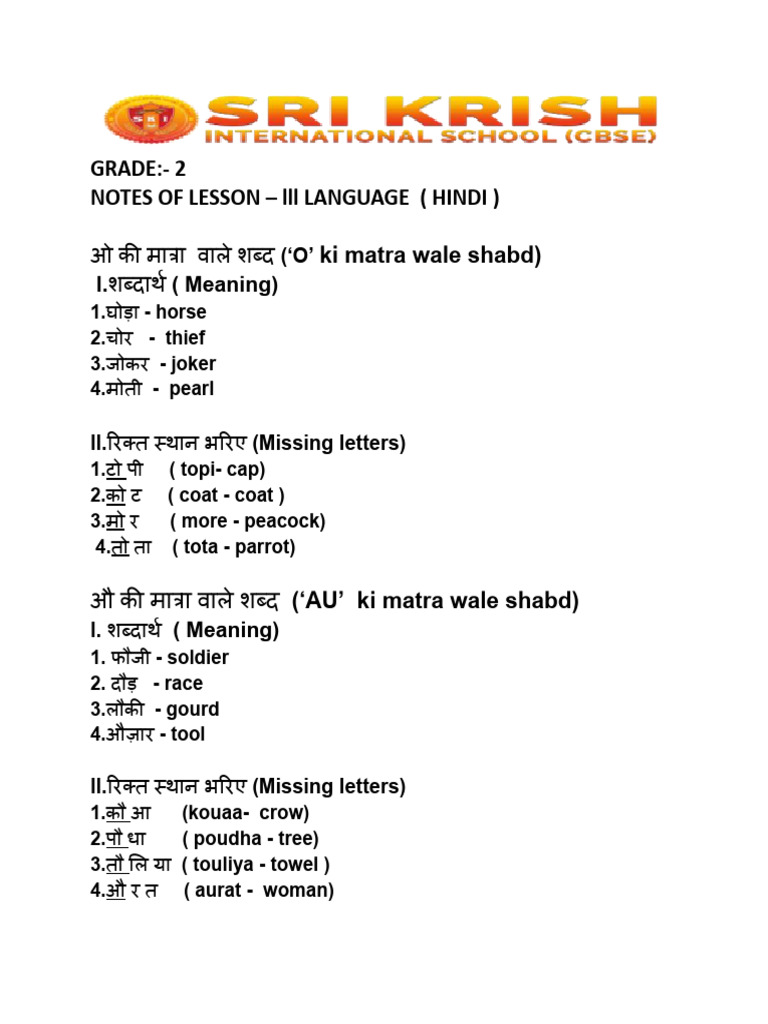 GRADE:-2 Notes of Lesson - LLL Language (Hindi) : Ki Matra Wale Shabd ...