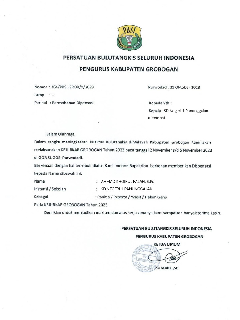 Permohonan Dispensasi PBSI | PDF