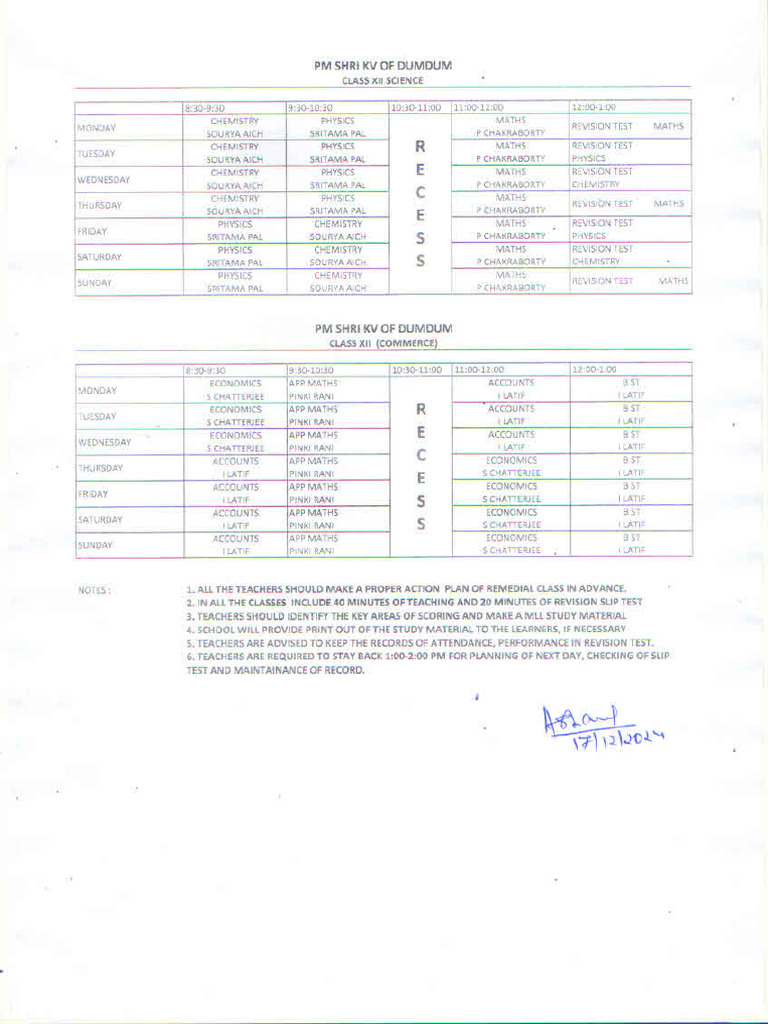 Revised Time Table Class XII | PDF