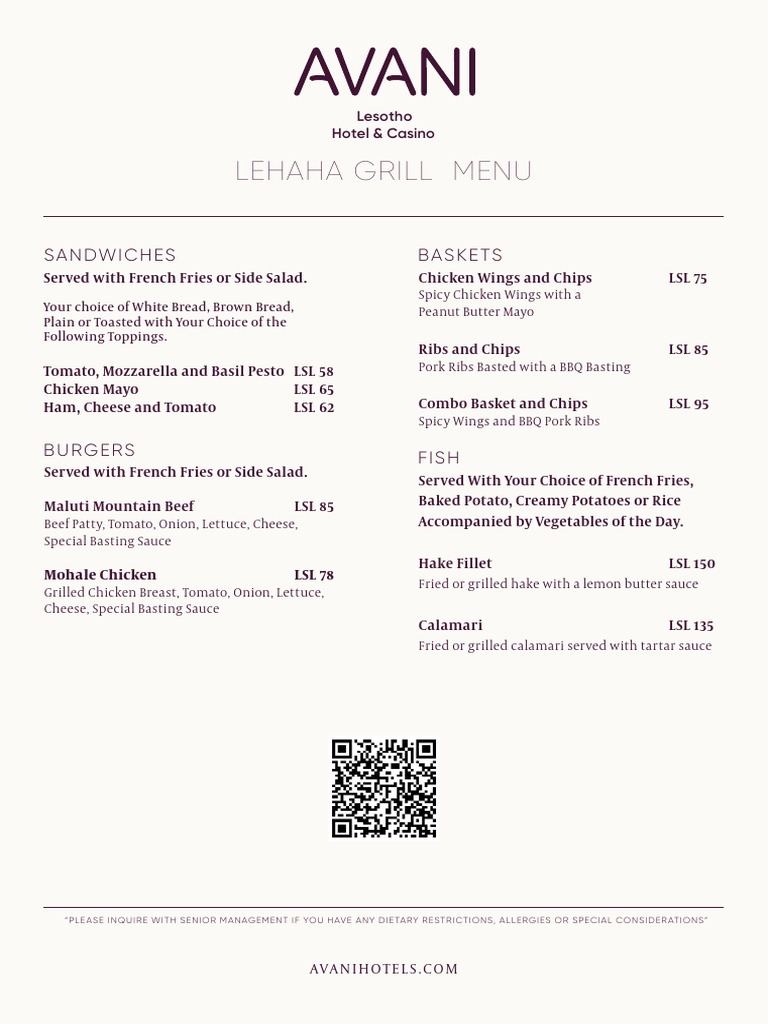 Avani - Lesotho - Hotel - and - Casino - Lehaha - Menu - 2020 | PDF ...