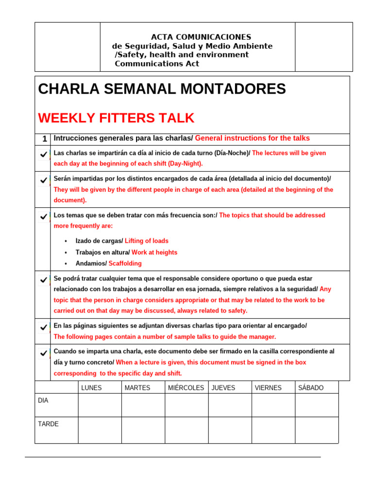 Formato charla pretarea montadores industria | PDF