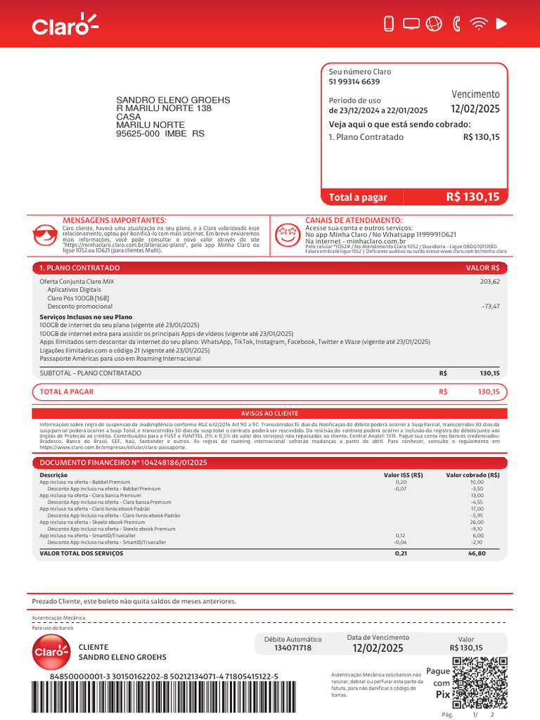 Segunda Via de Fatura 2025 - Fev | PDF | Internet | Aplicativo para celular