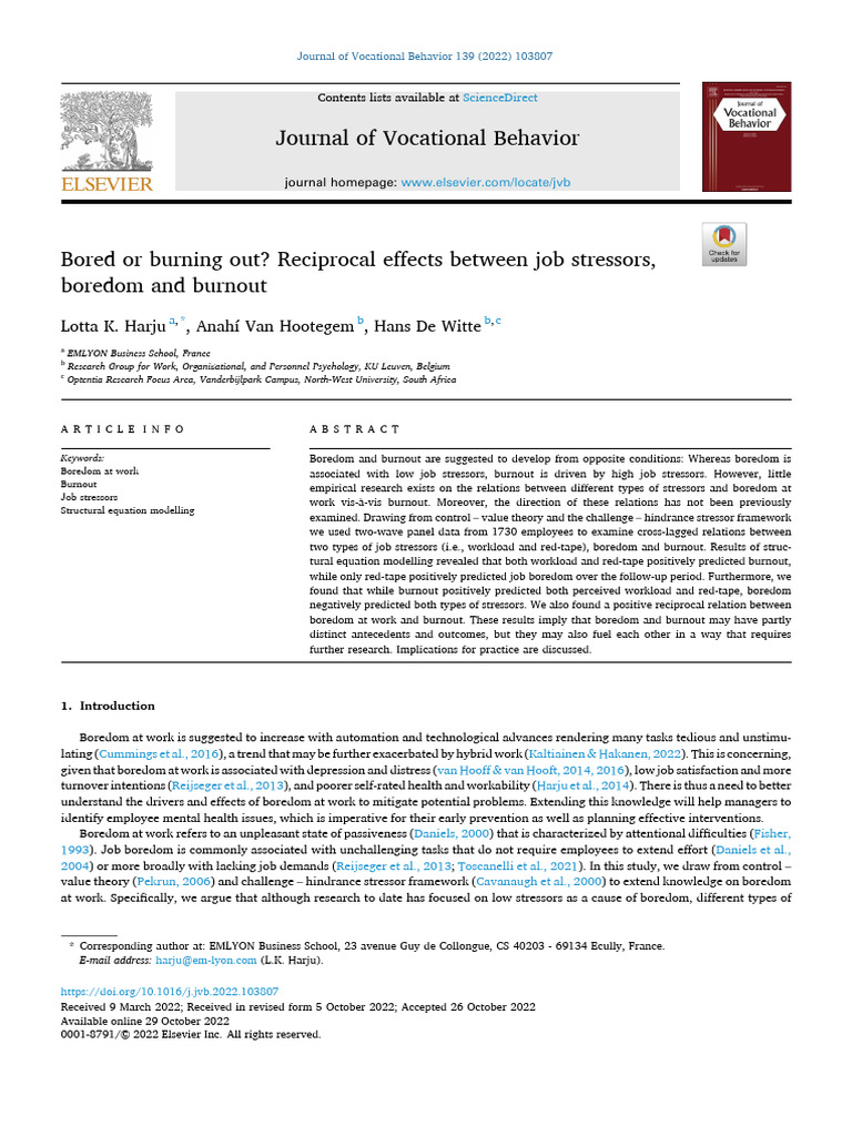 Job Stressors, Boredom, and Burnout | PDF | Occupational Burnout | Emotions