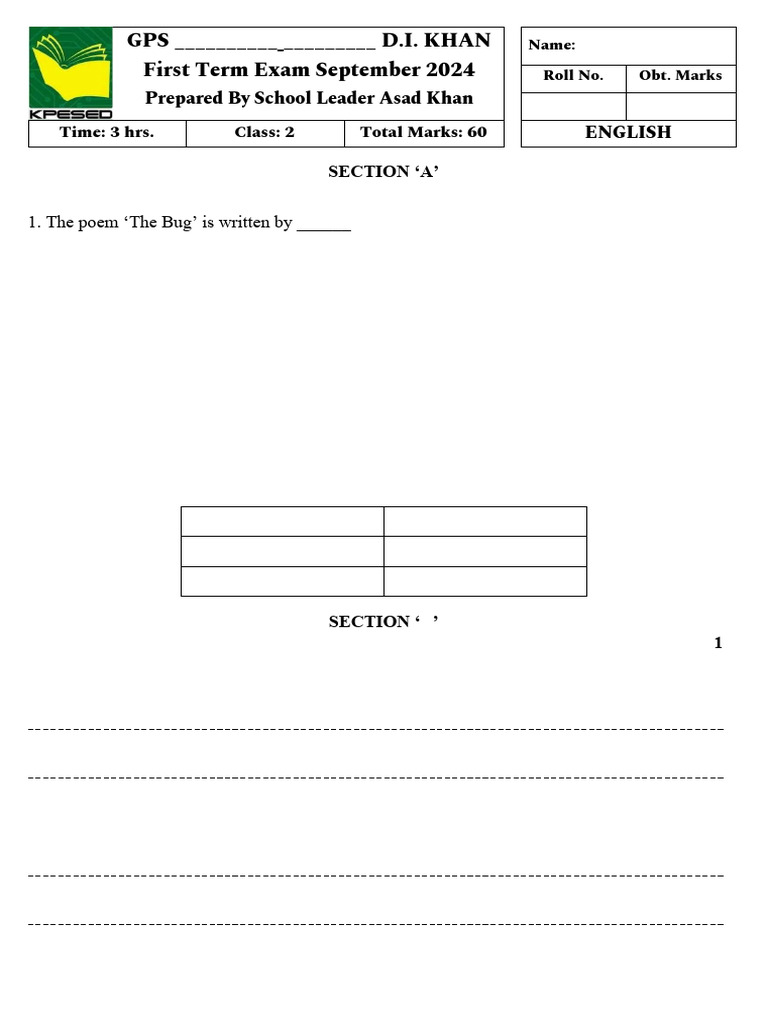 Class 2 English First Term 2024 | PDF