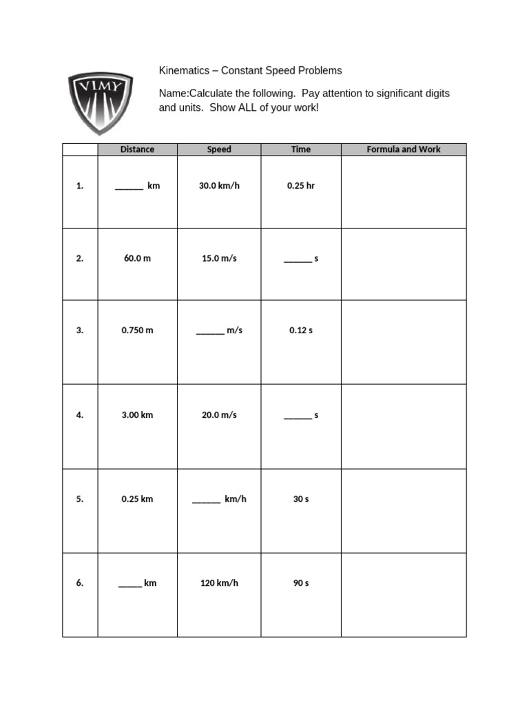 Kinematics worksheet | PDF