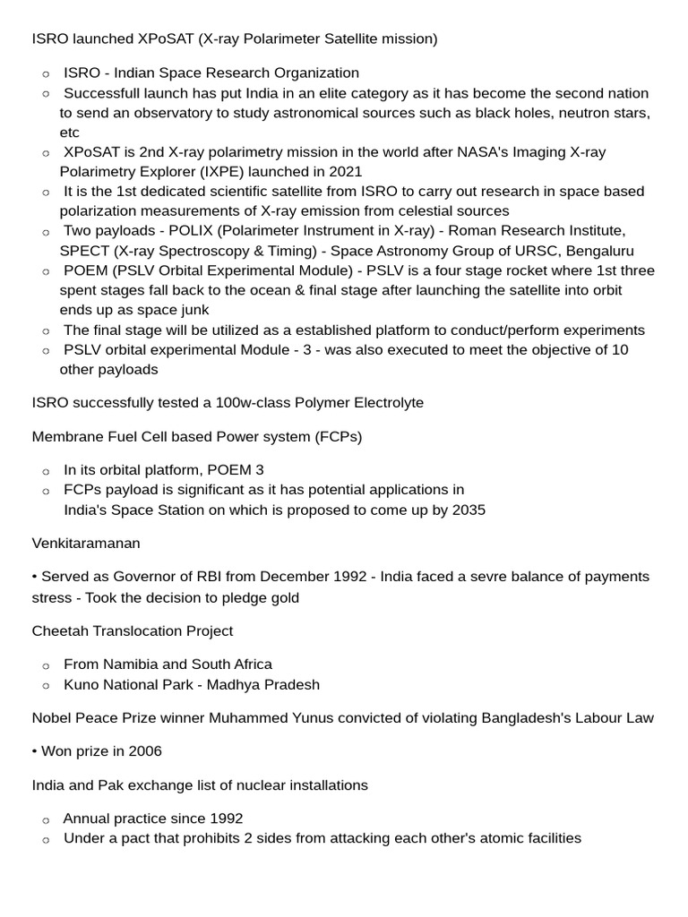 ISRO Launched XPoSAT (X-Ray Polarimeter Satellite Mission) | PDF ...