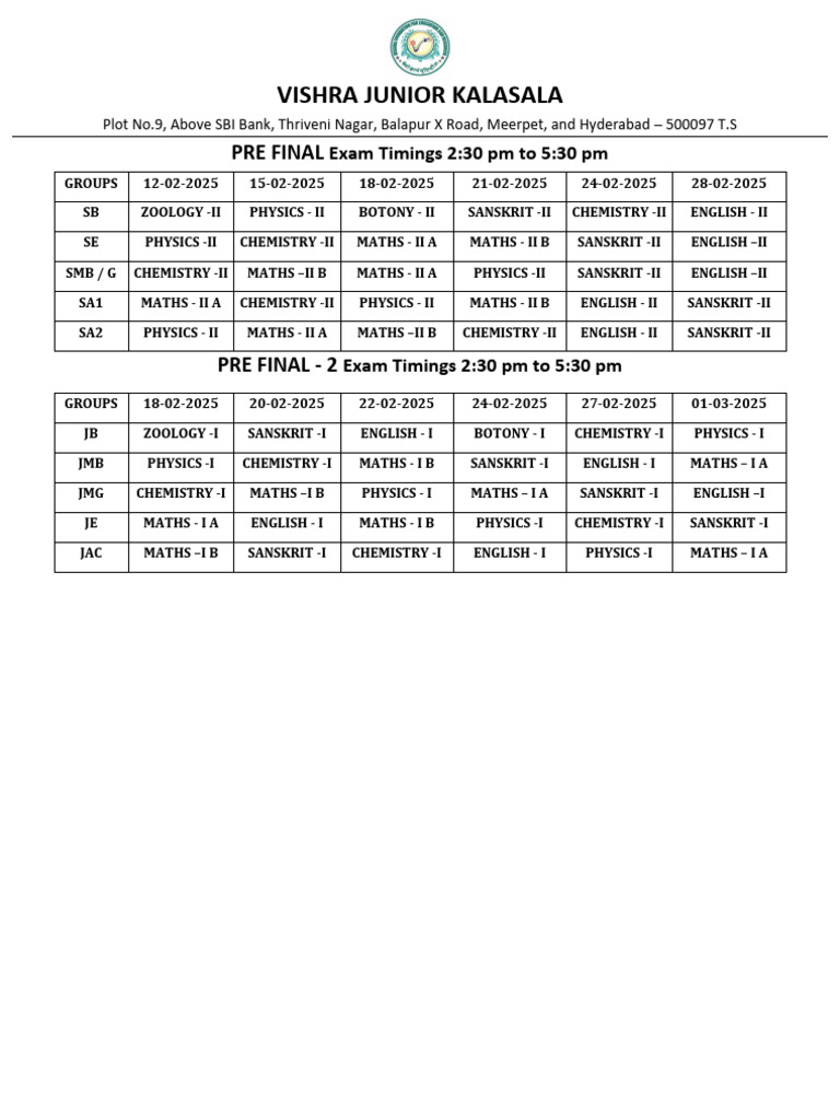 Vishra Jr. Kalasala Exam Schedule | PDF