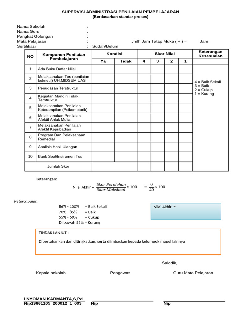Supervisi Administrasi Penilaian Pembelajaran | PDF