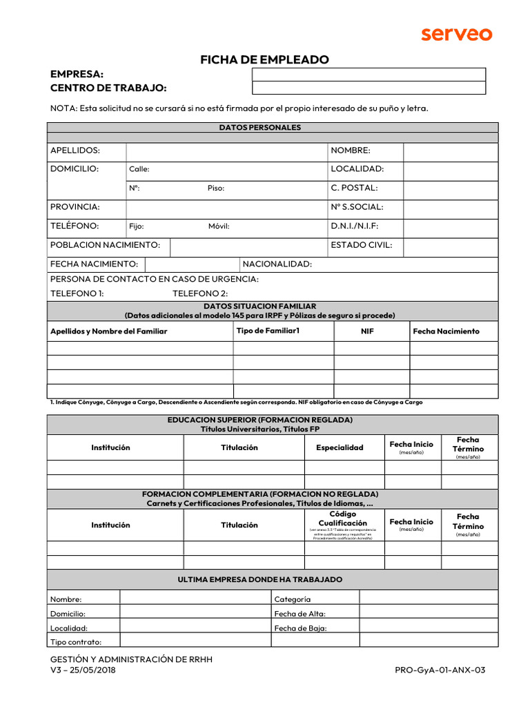Ficha de Empleado para Ingreso Laboral | PDF