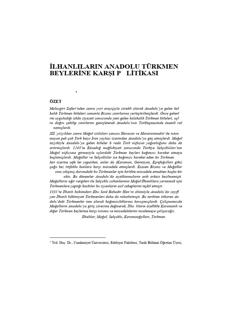 The Politics of The Ilkhanids Against The Anatolian Turkmen Beys | PDF