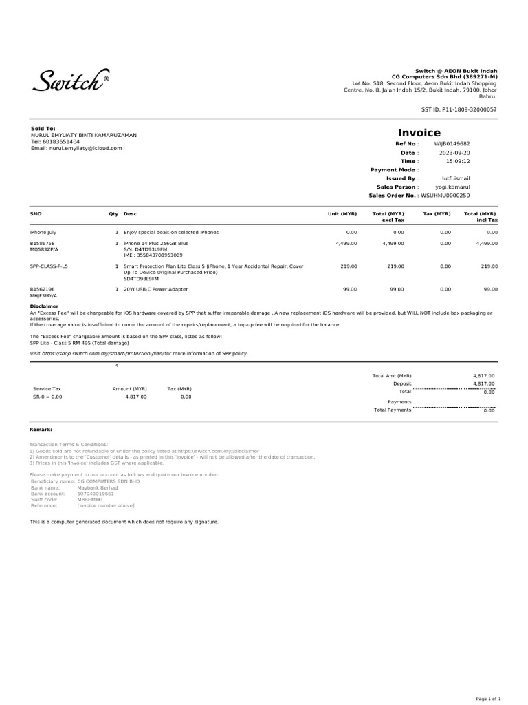 iPhone Purchase Invoice - July 2023 | PDF | Payments | Ios