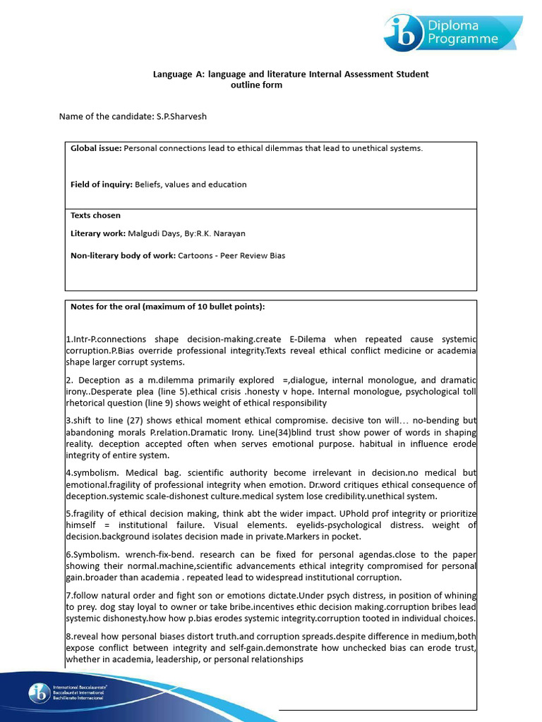 IB Lang Lit IA Outline Form en | PDF | Integrity | Bias
