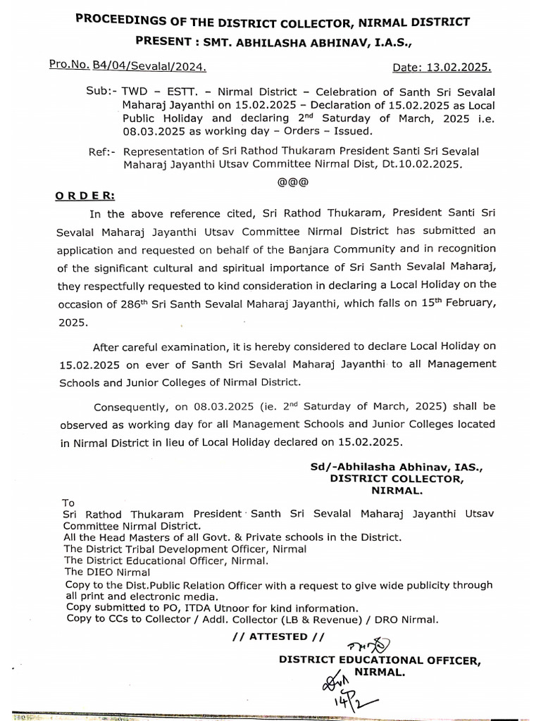 Declaration of Local Holiday On15.2.2025 and Working Day On 8.3.2025 | PDF