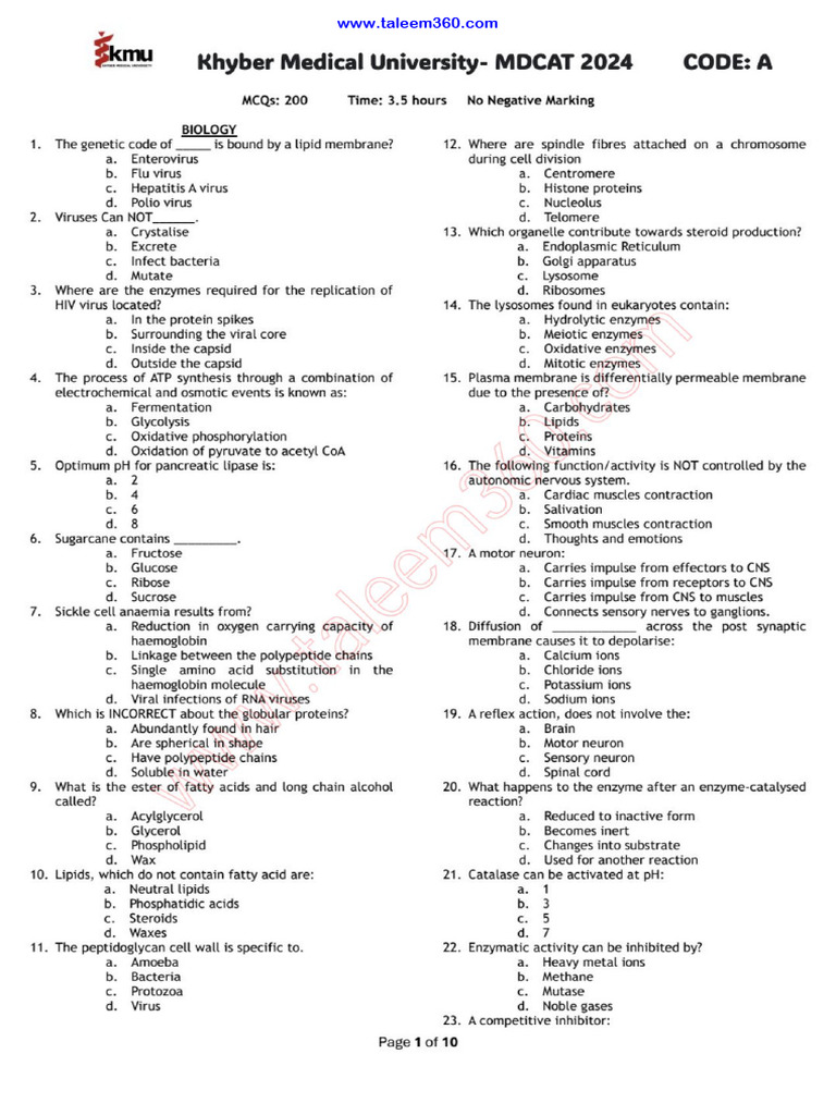2456-KMU MDCAT Paper 2024 PDF With Answers Key (Code A) - By-Admin | PDF