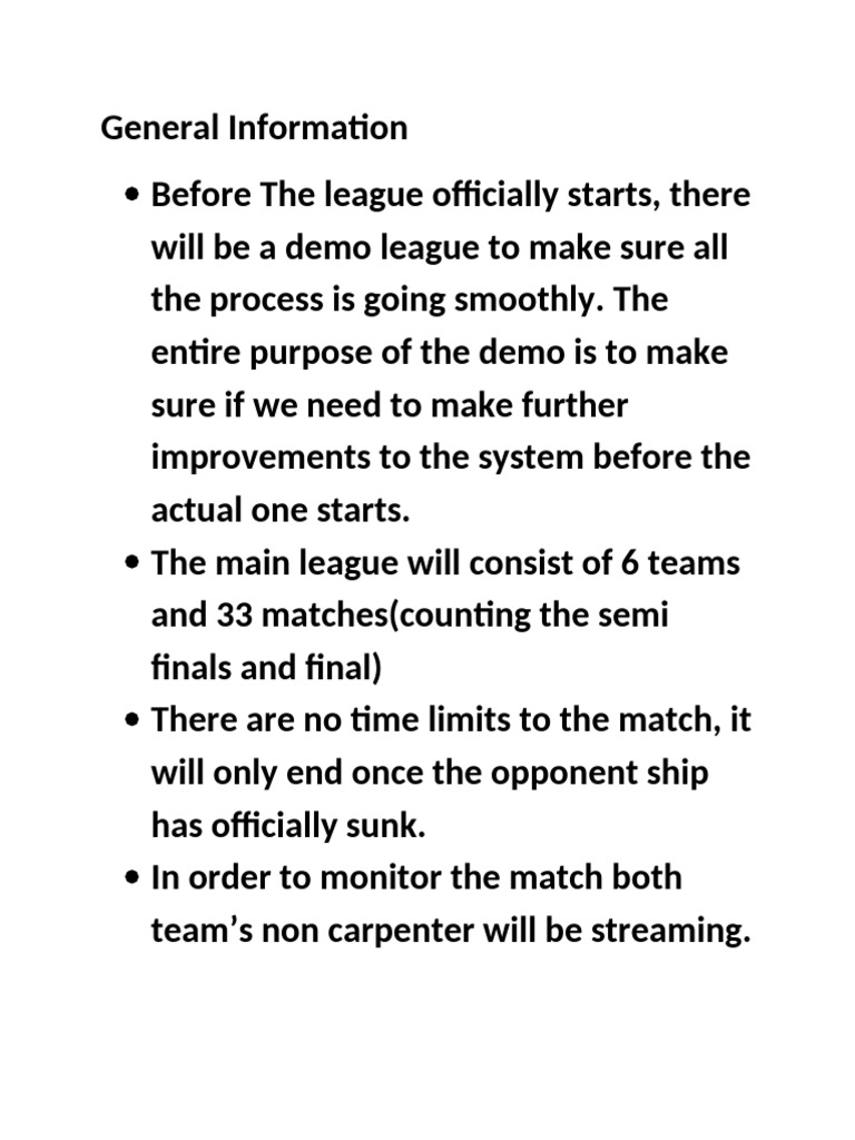 Demo League Overview and Match Rules | PDF