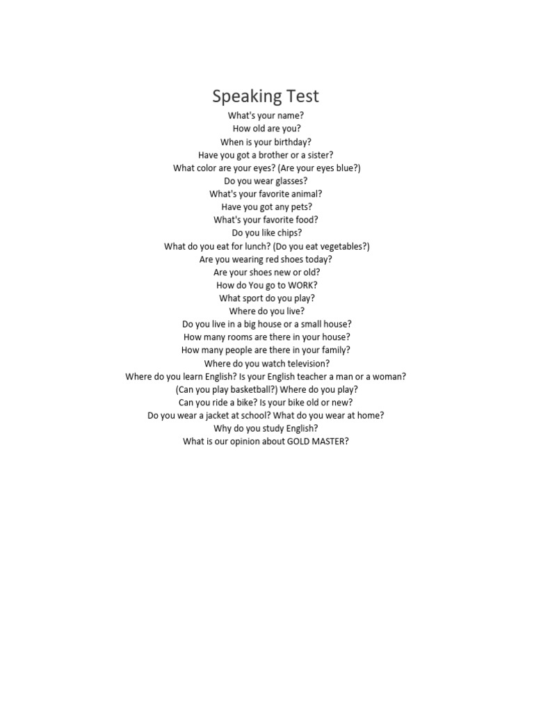Speaking Test Questions for English Learners | PDF