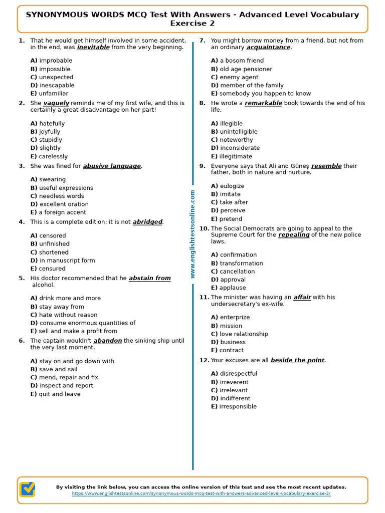 668 Synonymous Words MCQ Test With Answers Advanced Level Vocabulary ...