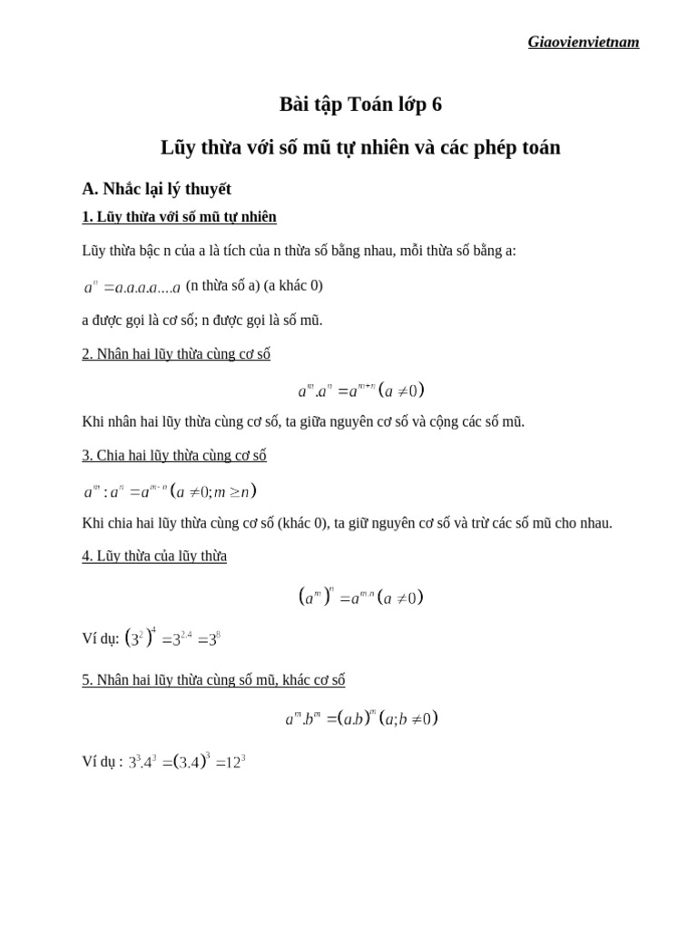 Luy Thua Voi So Mu Tu Nhien Va Phep Toan Lop 6 | PDF