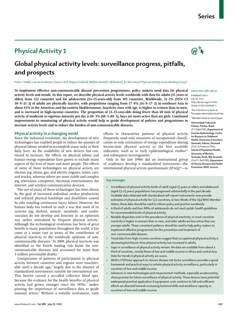 Global Physical Activity Levels Surveillance Progress, Pitfalls, and Prospects, The LANCET 2012 ...