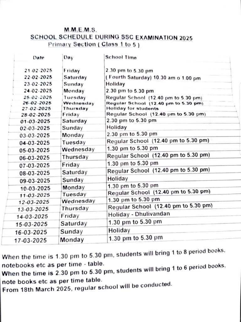 School Timing During SSC Board Exam | PDF