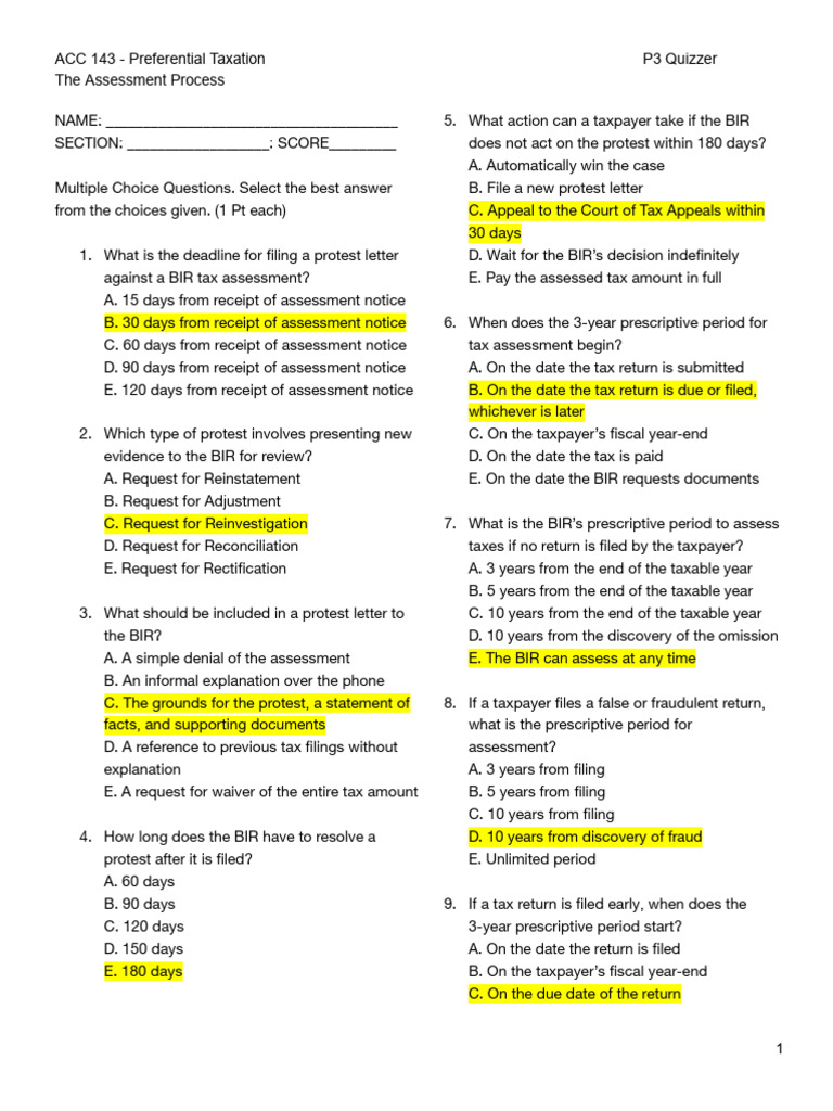 ACC 143 - Assessment Process (Short Quiz) | PDF | Taxes | Taxpayer