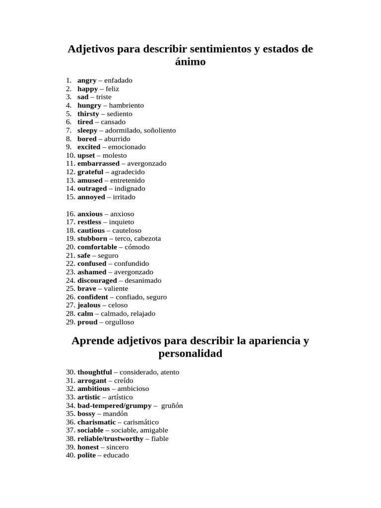 Adjetivos para describir emociones y más | PDF
