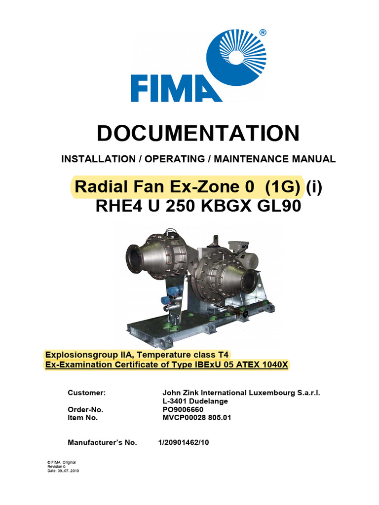 FIMA - Ex Fan - Examination Certificate Type IBExU 05 ATEX 1040X | PDF ...