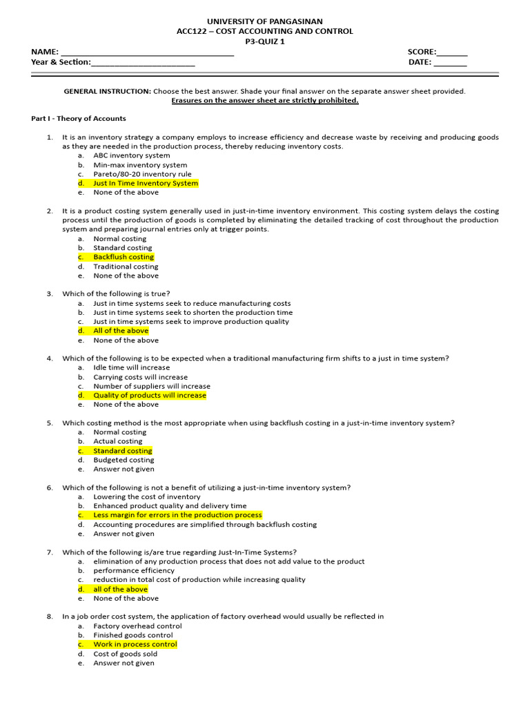 ACC122 - P3 QUIZ 1 With Key Answer-1 | PDF | Lean Manufacturing | Cost Of Goods Sold