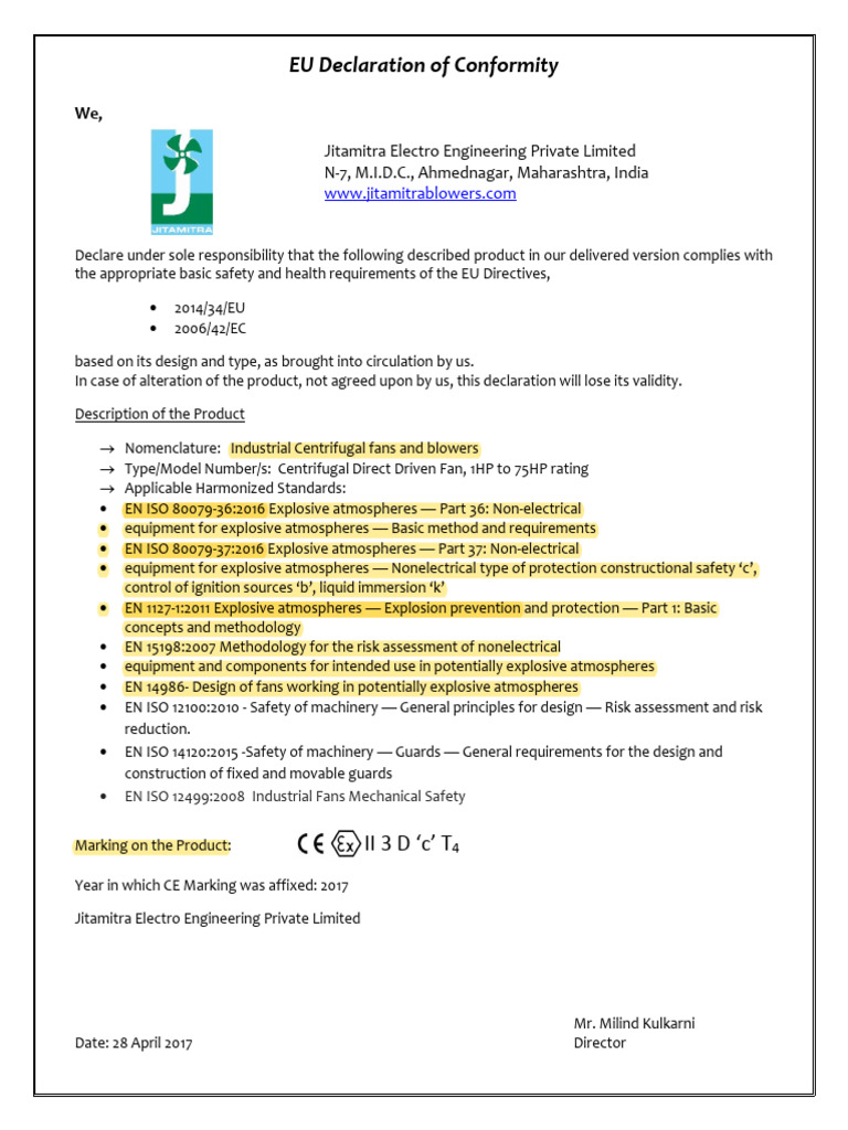 ATEX EU Declaration of Conformity - Ex Fans and Blowers - ISO 80079-36 ...