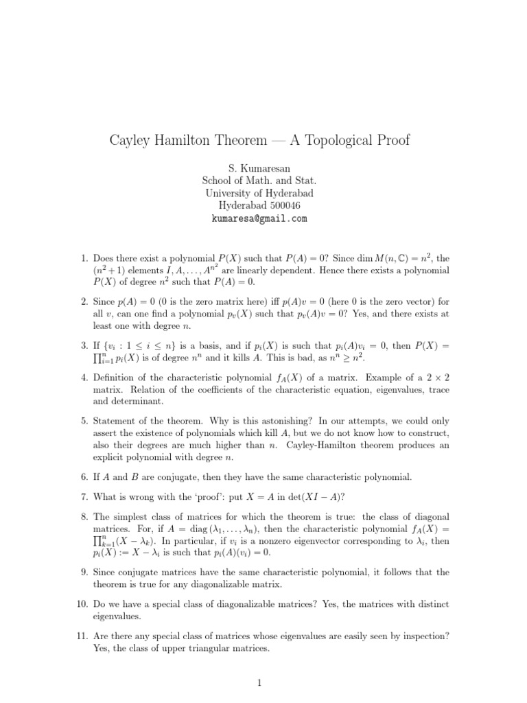 Cayley Hamilton Theorem A Topological Proof | PDF | Eigenvalues And Eigenvectors | Matrix ...