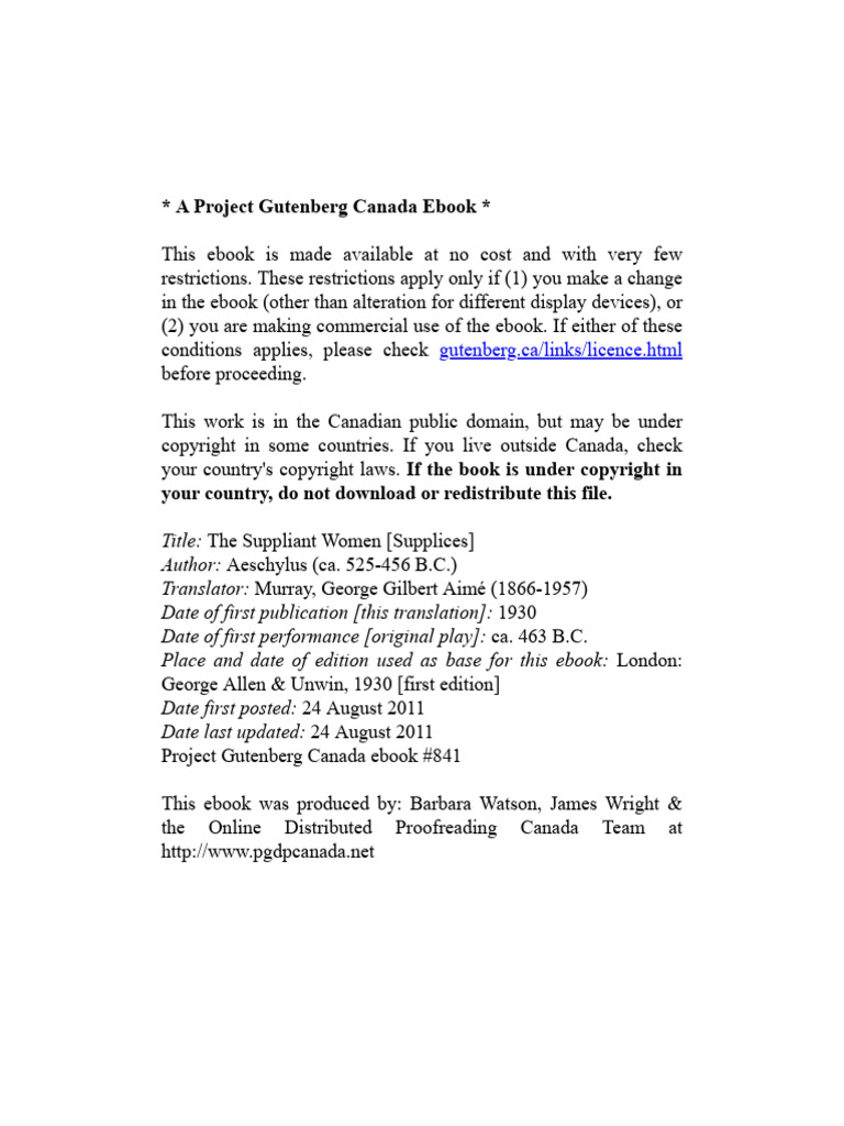 The Suppliant Women, by Aeschylus, Translated by Gilbert Murray | PDF
