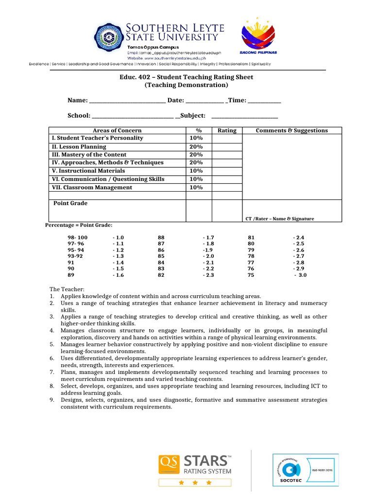 Form 12 Teaching Demonstration Rating Sheet ST Observation Copy (2) | PDF | Learning | Curriculum